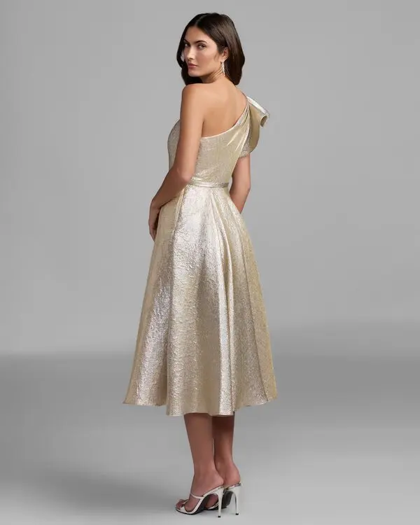 Mac Duggal Oyster Metallic Ruffle One Shoulder Midi Dress