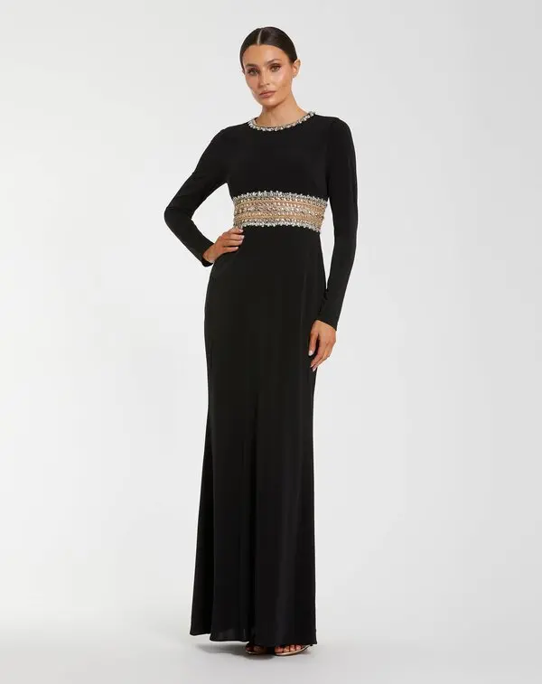 Mac Duggal Long Sleeve Gown With Embellished Cut Out