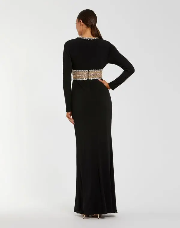 Mac Duggal Long Sleeve Gown With Embellished Cut Out