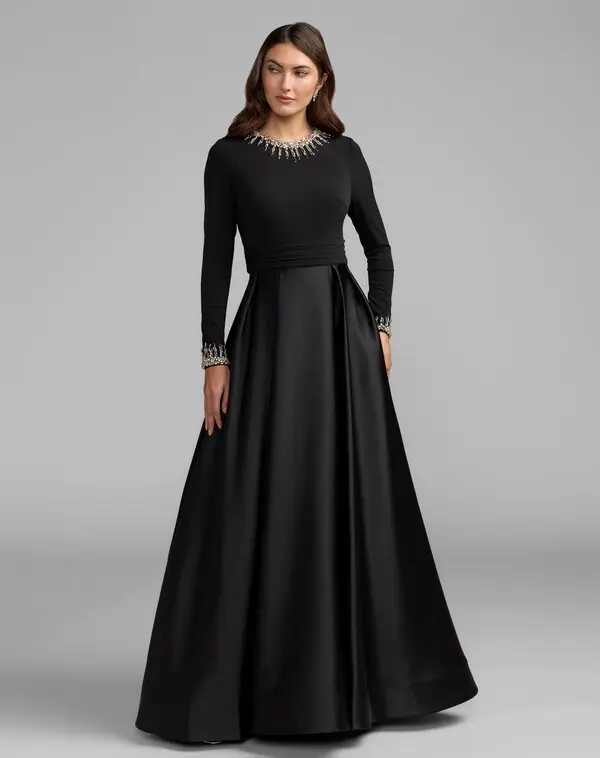 Mac Duggal Jersey And Satin Long Sleeve A-line Gown - Black