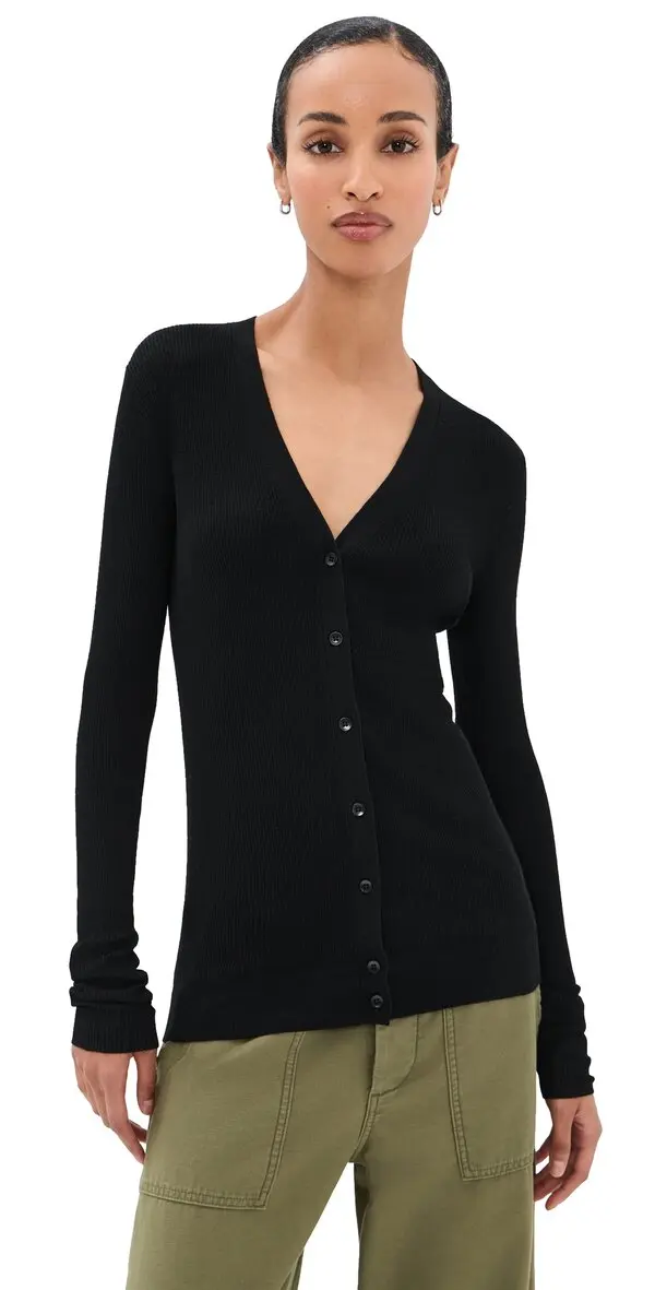 Tibi Feather Weight Ribbed V Neck Slim Cardigan