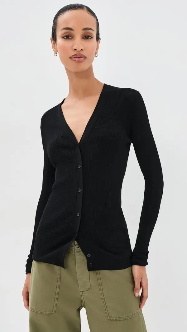 Tibi Feather Weight Ribbed V Neck Slim Cardigan