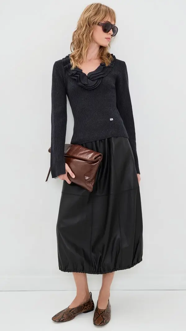 GANNI Ribbed Merino Wool Frill Sweater