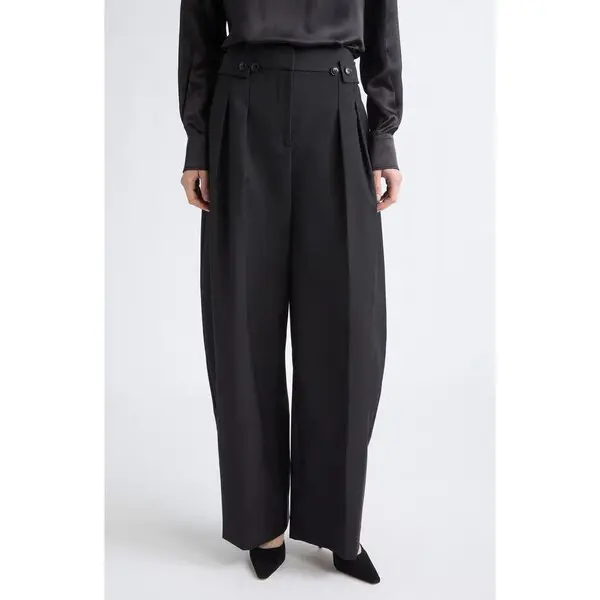 JASON WU Pleat Front High Waist Tropical Wool Wide Leg Trousers - Black