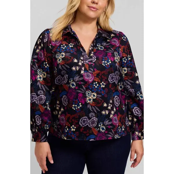Foxcroft Alix Floral Puff Sleeve Cotton Sateen Top - Black/multi