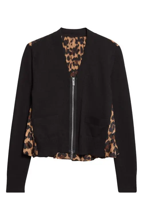 Sacai Mixed Media Leopard Trim Cotton Blend Zip Cardigan - Black/beige