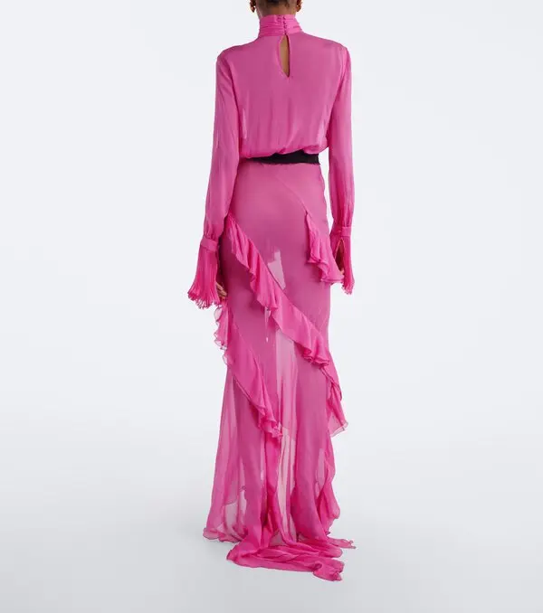 Roberto Cavalli Belted Ruffled Sheer Silk Gown