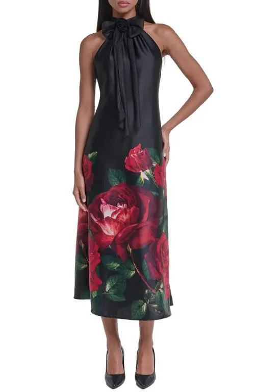 Karl Lagerfeld Paris Floral Print Charmeuse Halter Cocktail Dress - Black Multi