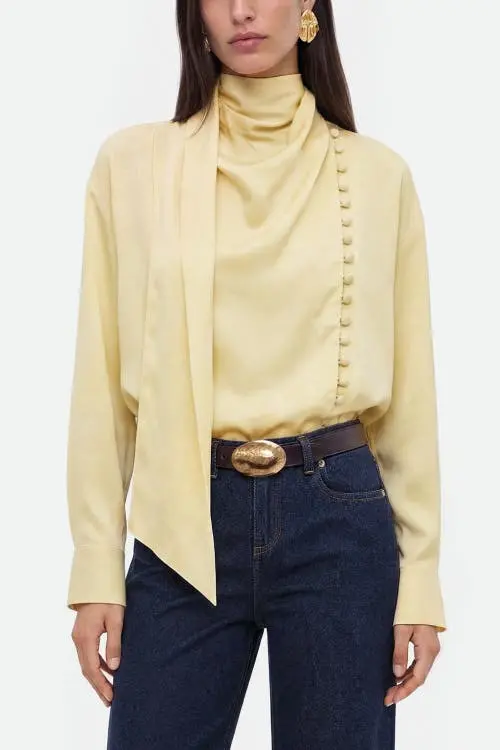 NOCTURNE Button Front Shawl Collar Blouse - Yellow