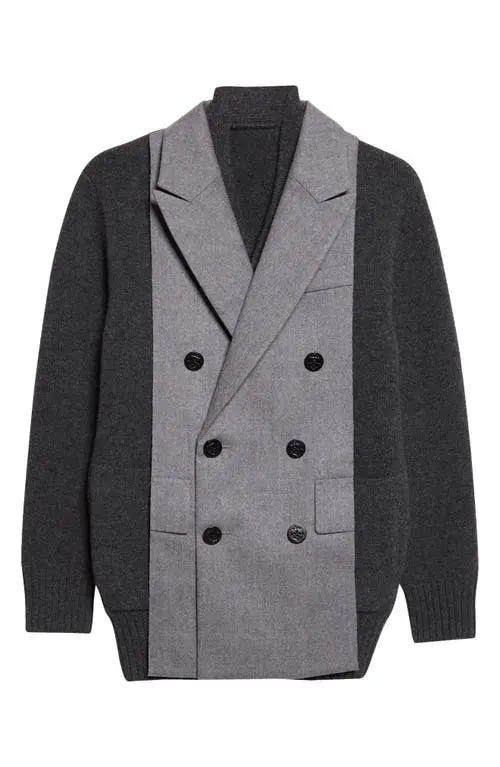 Sacai Mixed Media Flannel Panel Wool Blend Cardigan