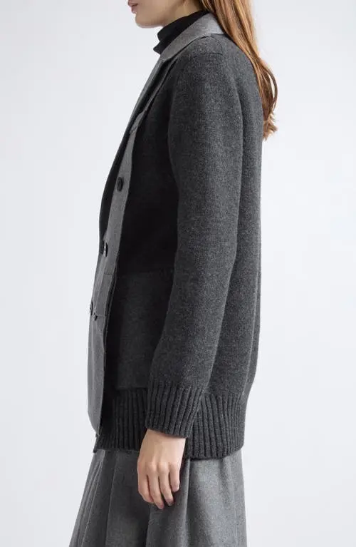 Sacai Mixed Media Flannel Panel Wool Blend Cardigan - Gray