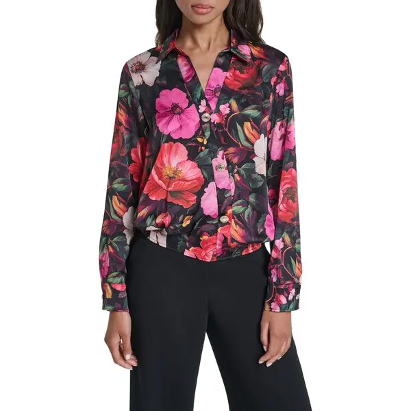 Karl Lagerfeld Paris Allover Print Long Sleeve Woven Shirt - Black Multi