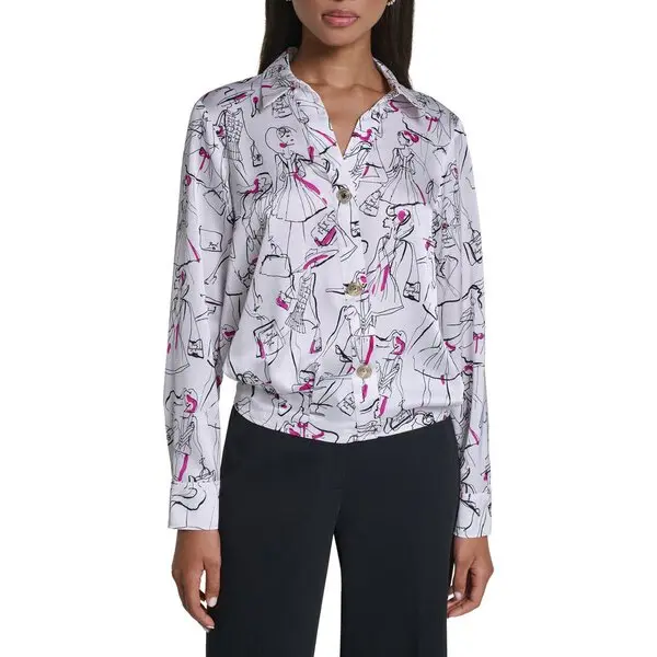 Karl Lagerfeld Paris Allover Print Long Sleeve Woven Shirt - Soft White Multi