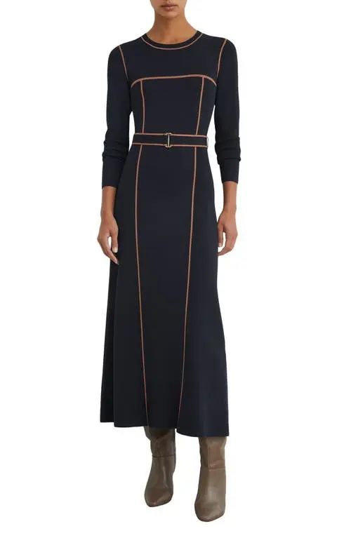 REISS Etta Long Sleeve Midi Sweater Dress - Navy/camel