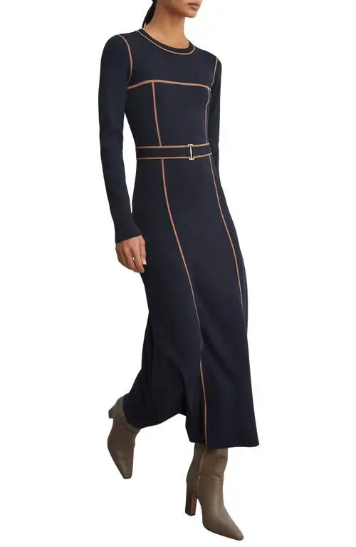 REISS Etta Long Sleeve Midi Sweater Dress - Navy/camel