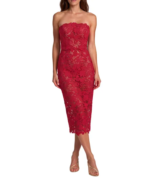 Rene Ruiz Collection Strapless Guipure Lace Column Midi Dress - Raspberry