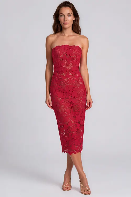 Rene Ruiz Collection Strapless Guipure Lace Column Midi Dress - Raspberry