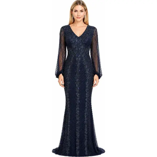 LARA NEW YORK Beaded Faux-wrap V-neck Bridal Gown - Navy