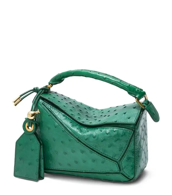 Loewe Mini Ostrich Leather Puzzle Top-handle Bag - Green