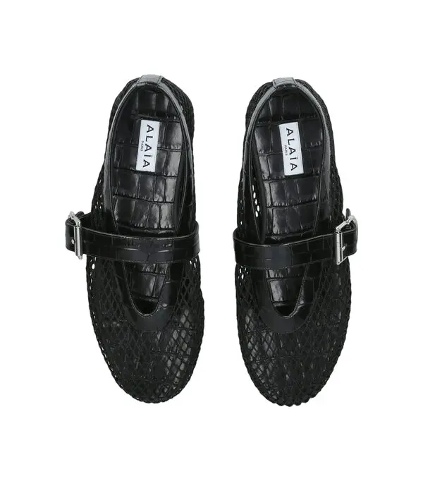 Alaïa Croc-embossed Leather Mesh Ballet Flats - Black