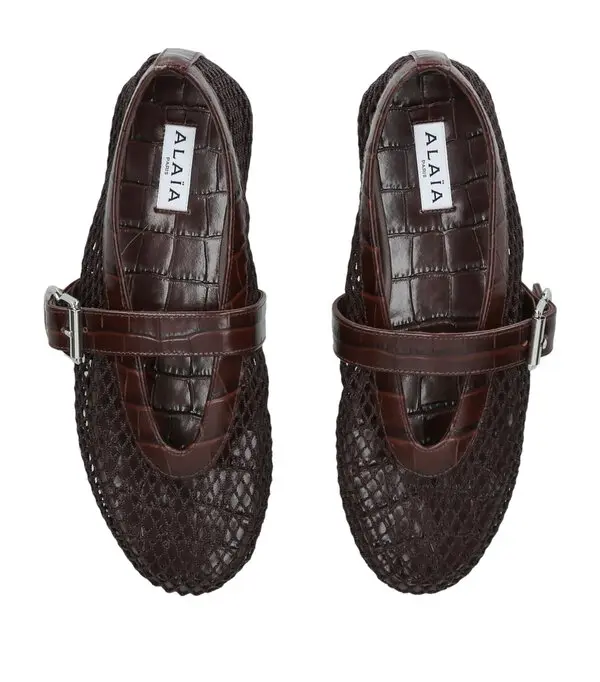 Alaïa Croc-embossed Leather Mesh Ballet Flats - Brown