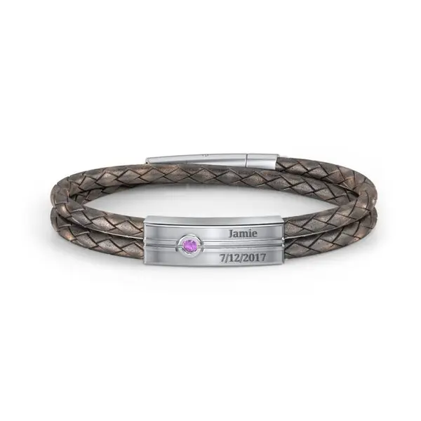 Jewlr Antique Brown Leather Engravable Gemstone Rectangle Bracelet