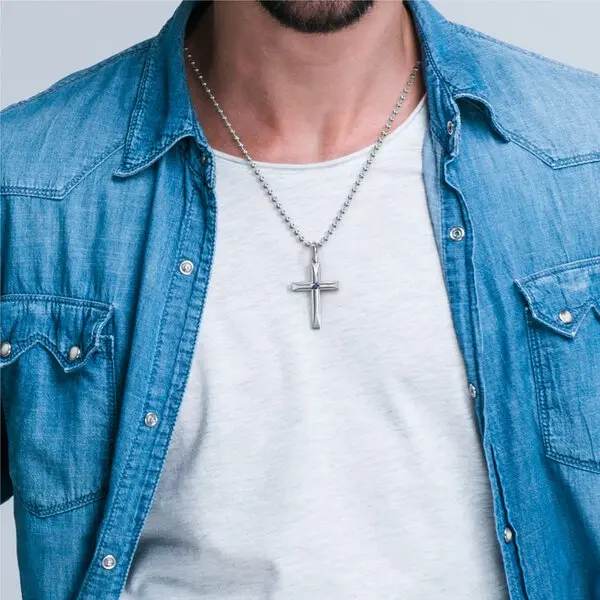 Jewlr Beveled Silver Cross Pendant With Birthstone