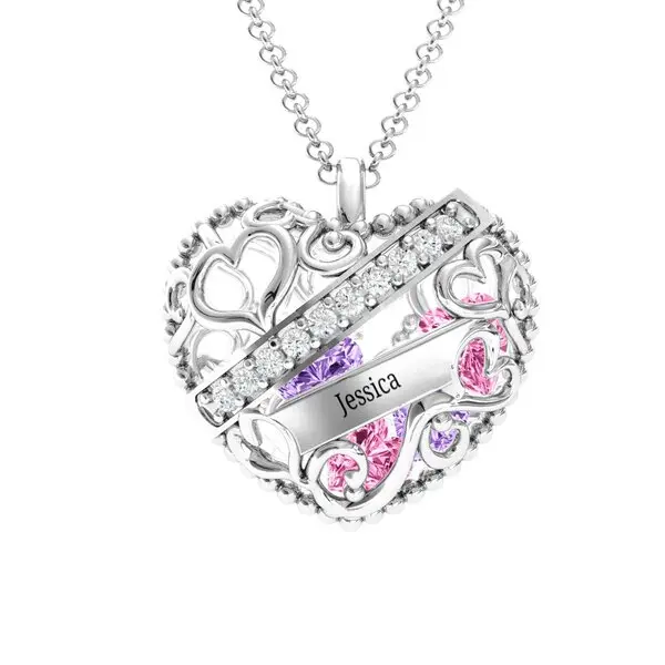 Jewlr Engravable Heart Cage Pendant With 1 6 Heart Gemstones