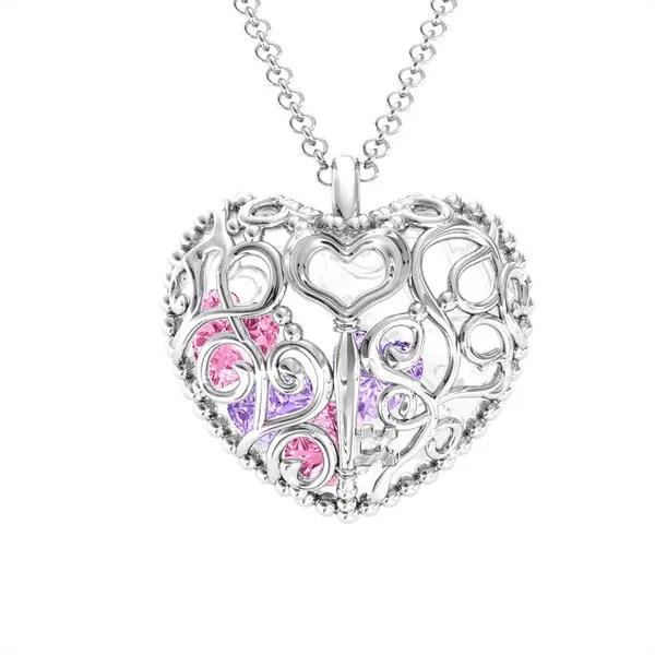 Jewlr Engravable Heart Cage Pendant With 1 6 Heart Gemstones