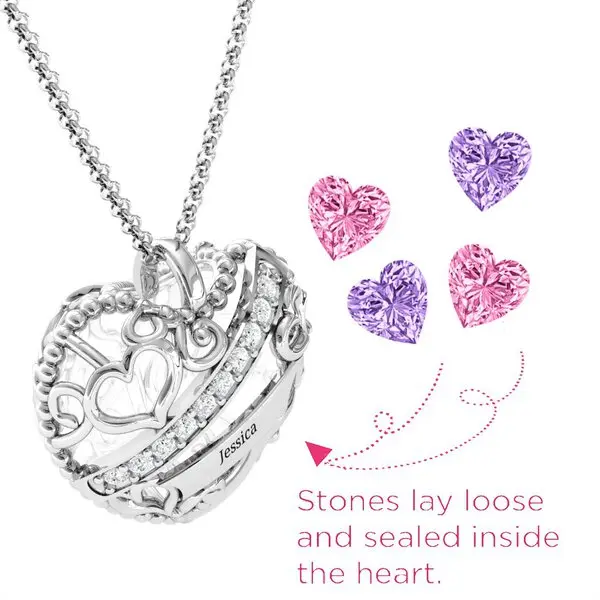 Jewlr Engravable Heart Cage Pendant With 1 6 Heart Gemstones
