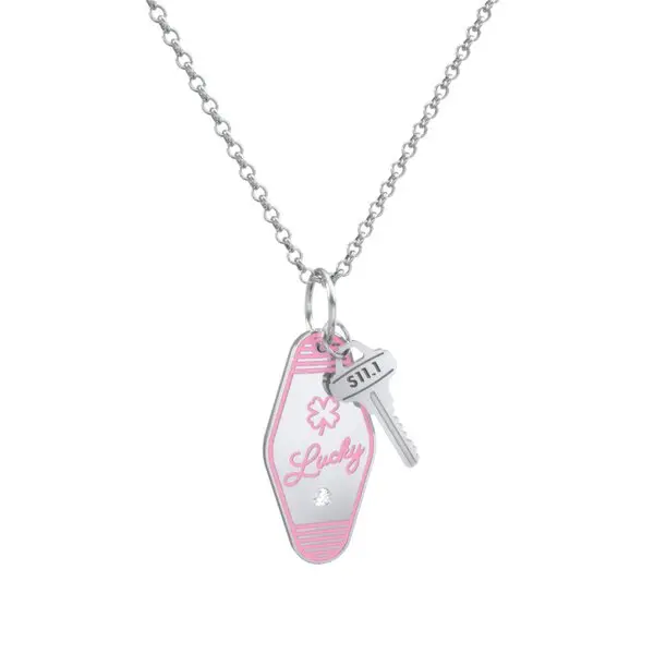 Jewlr Lucky Engravable Retro Keychain Charm Necklace With Accent Pink