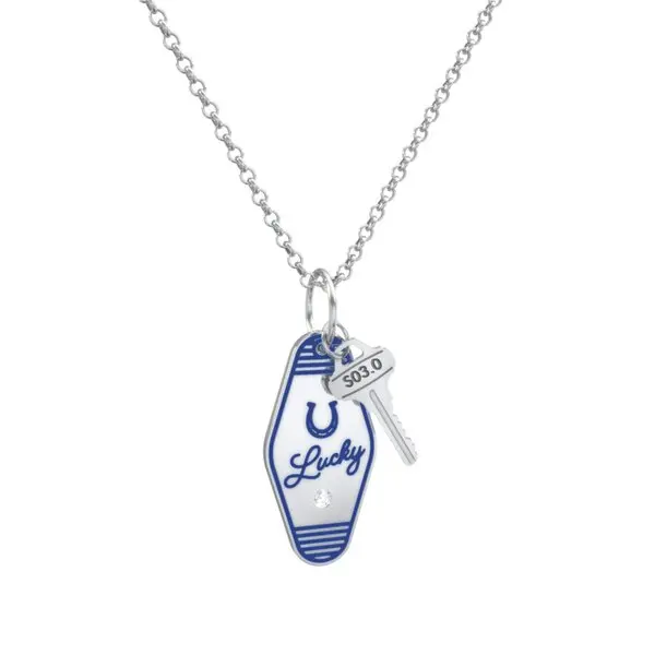 Jewlr Lucky Horseshoe Engravable Retro Keychain Charm Necklace With Accent Blue