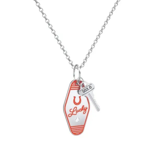 Jewlr Lucky Horseshoe Engravable Retro Keychain Charm Necklace With Accent Orange - Sterling Silver