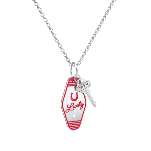 Jewlr Lucky Horseshoe Engravable Retro Keychain Charm Necklace With Accent Red