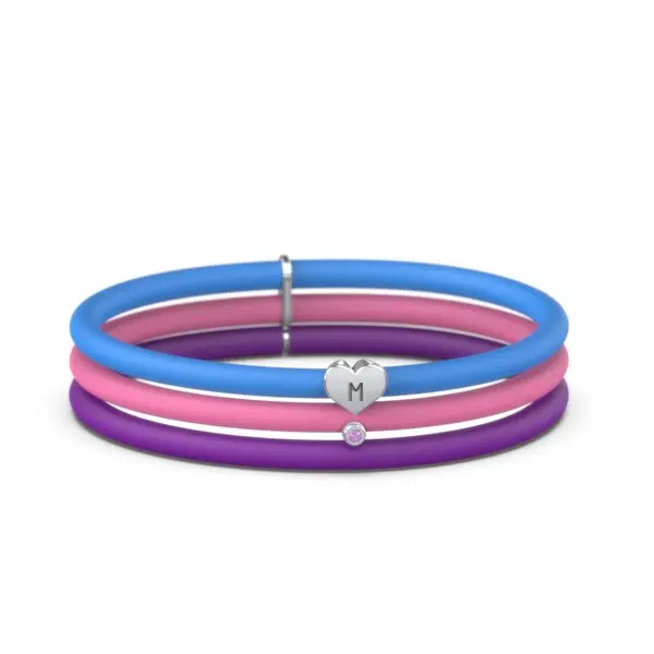 Jewlr Engravable Heart And Birthstone Charm Silicone Bracelet Set Double Style