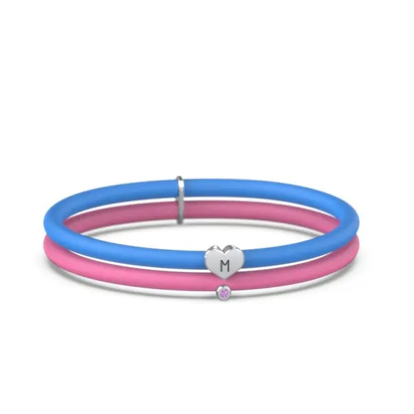Jewlr Engravable Heart And Birthstone Charm Silicone Bracelet Set Double Style