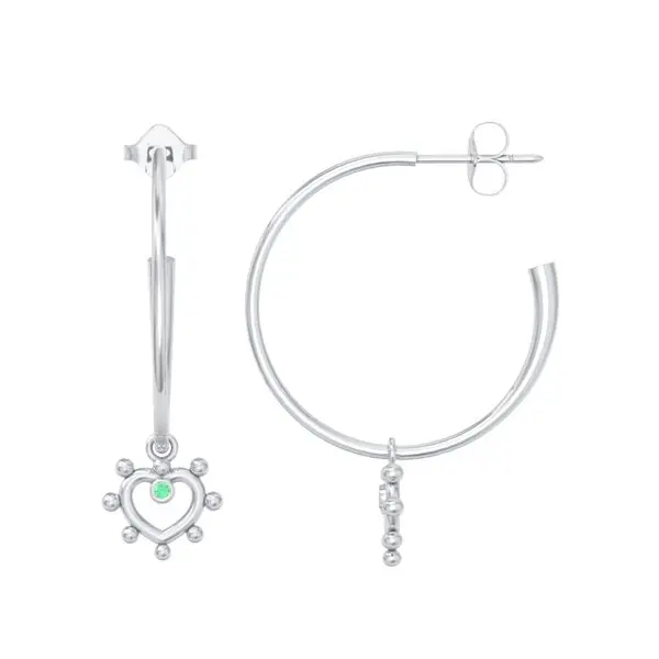 Jewlr Large Open Hoop Earrings With Beaded Open Heart Charm And Accents - Sterling Silver