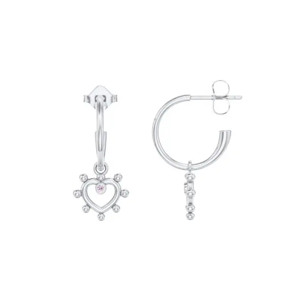 Jewlr Small Open Hoop Earrings With Beaded Open Heart Charm And Accents - Sterling Silver