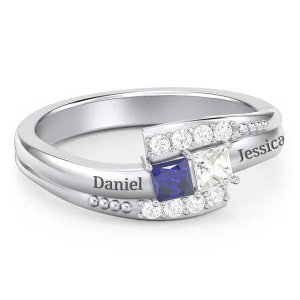 Jewlr Engravable Bypass Ring With Princess Cut Gemstones And Accents