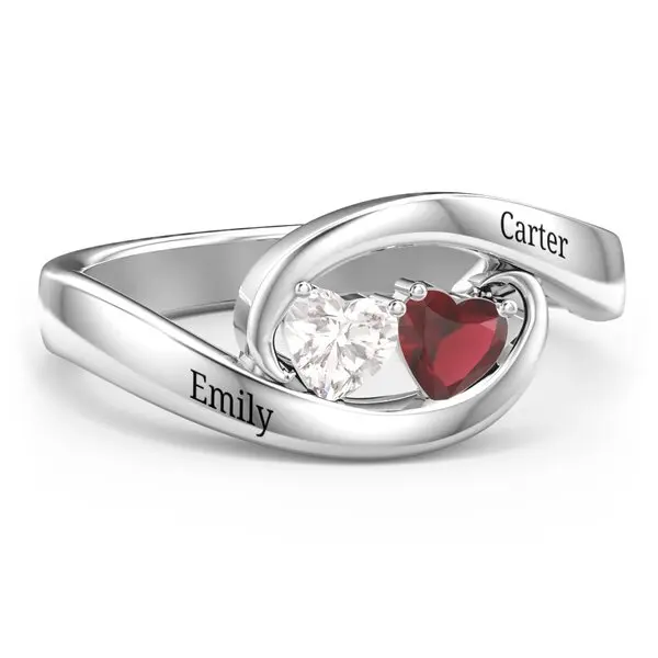 Jewlr Engravable Double Heart Gemstone Wave Ring