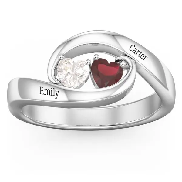 Jewlr Engravable Double Heart Gemstone Wave Ring