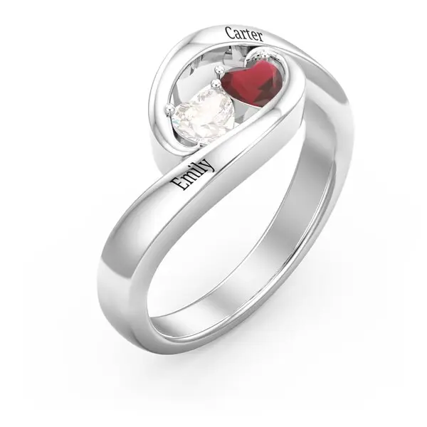 Jewlr Engravable Double Heart Gemstone Wave Ring