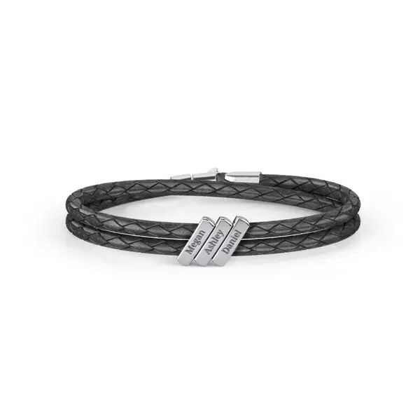 Jewlr Engravable Bar Leather Bracelet 3 - Sterling Silver