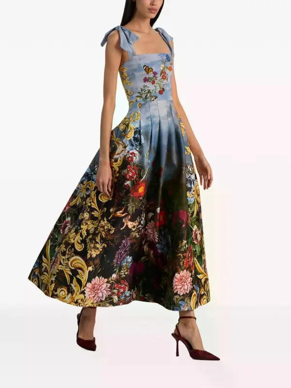 Alice + Olivia Hana Square-neck Tie-strap Midi Dress