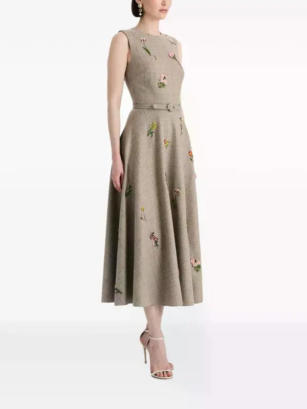 Oscar De La Renta Floral-embroidered Plaid Flared Midi Dress