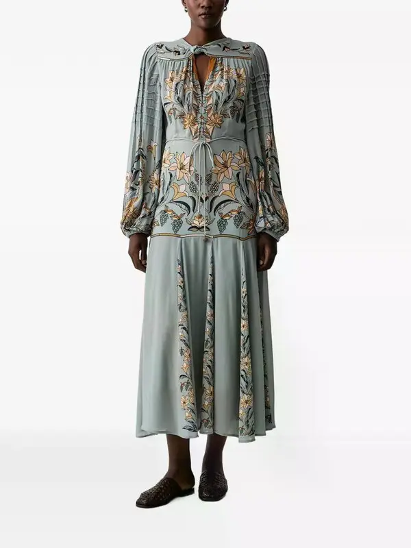 Farm Rio Floral-print Pleated-sleeve Midi Dress - Blue