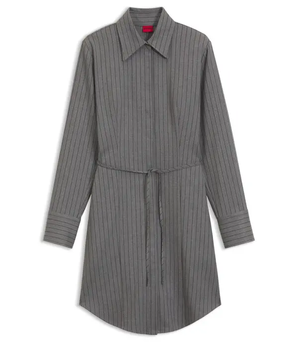 Hugo Belted Pinstripe Midi Shirtdress With Wide Cuffs
