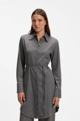 Hugo Belted Pinstripe Midi Shirtdress With Wide Cuffs