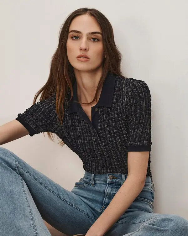 Veronica Beard Benedetta Plaid Polo Shirt Navy White Multi - Navy/white Multi