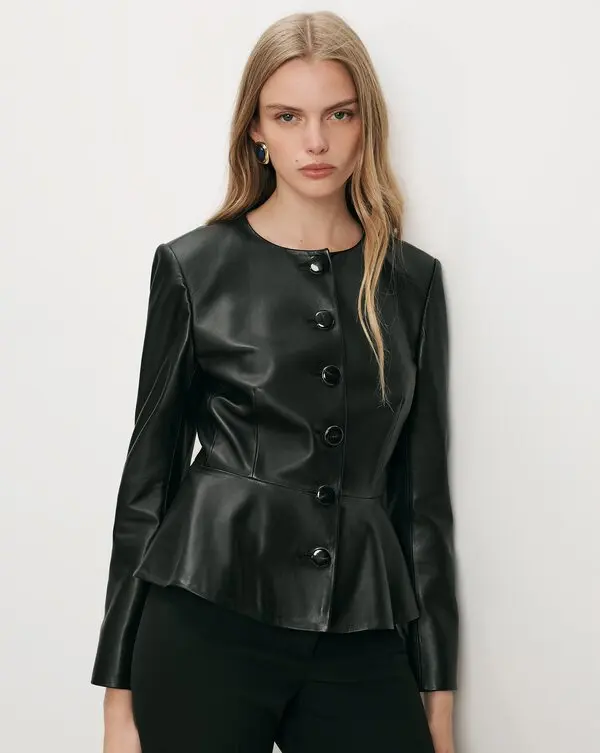 Veronica Beard Quinn Leather Peplum Jacket - Black